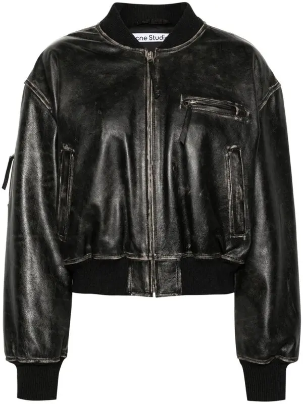 Acne Studios Distressed Leather Bomber Jacket - Black - 40% Off