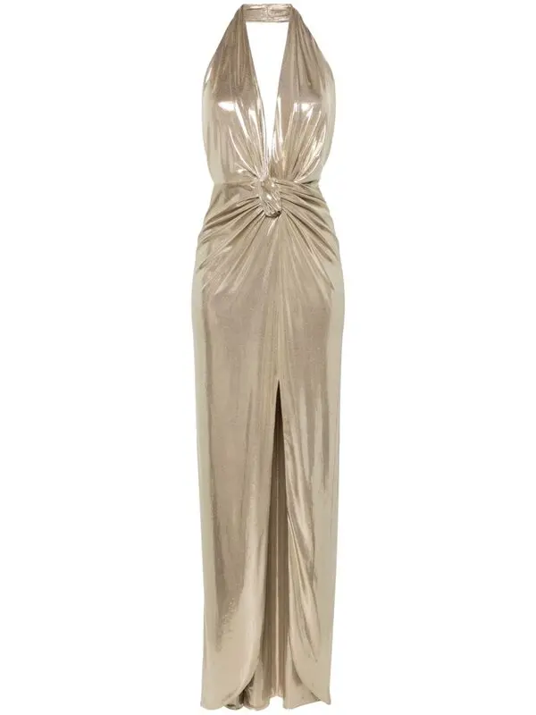 NISSA Backless Lamé Maxi Dress With Knot Detail