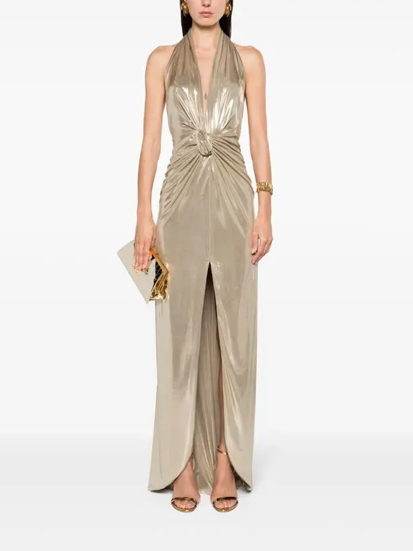 NISSA Backless Lamé Maxi Dress With Knot Detail