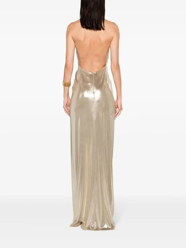 NISSA Backless Lamé Maxi Dress With Knot Detail