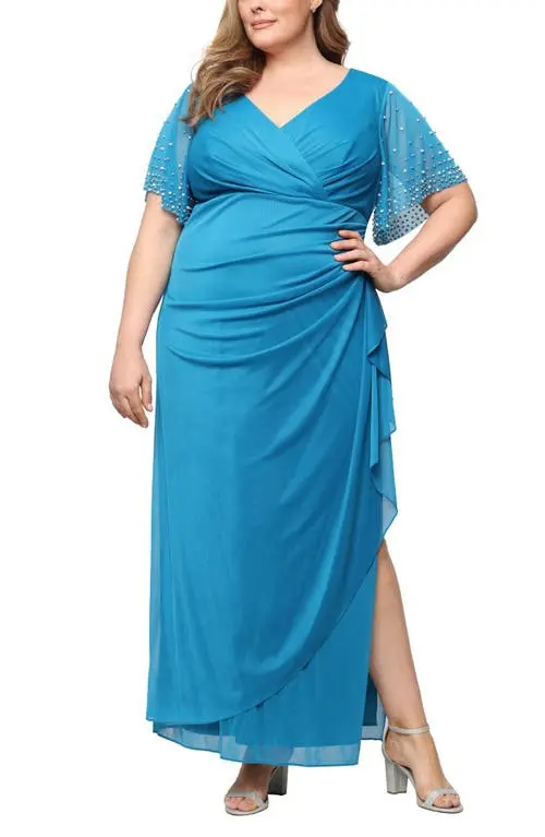Alex Evenings Rhinestone Sleeve Chiffon Gown - Mallard
