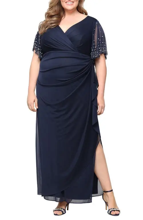 Alex Evenings Rhinestone Sleeve Chiffon Gown - Navy