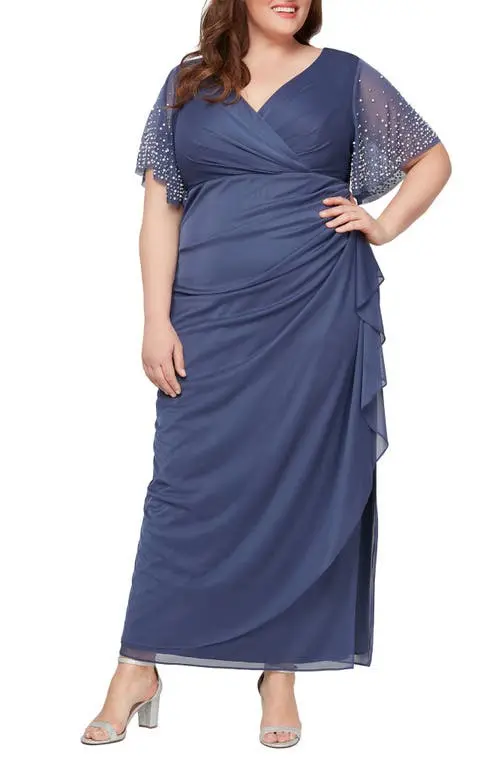 Alex Evenings Rhinestone Sleeve Chiffon Gown - Violet