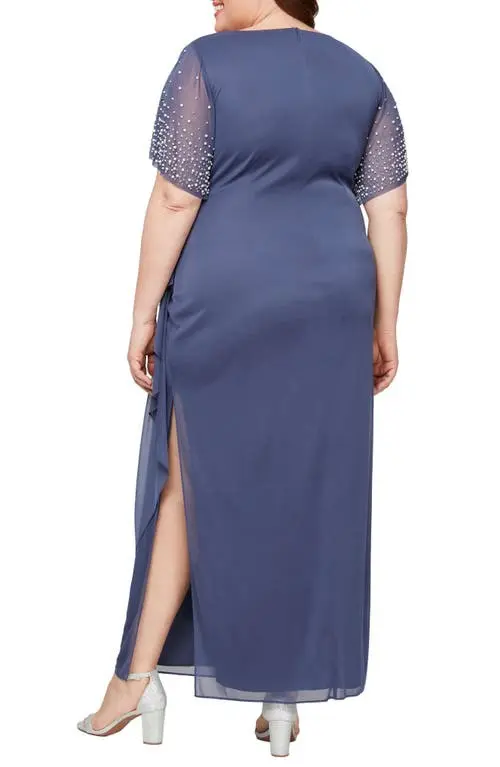 Alex Evenings Rhinestone Sleeve Chiffon Gown - Violet