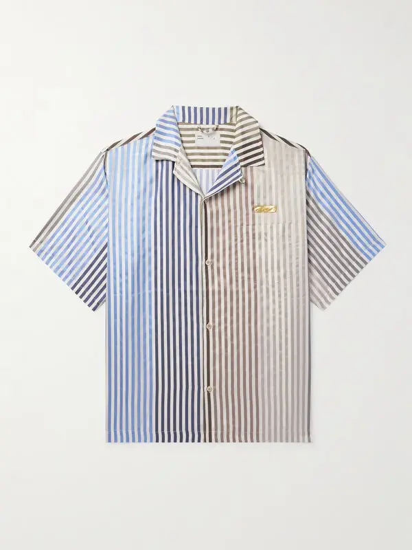 4SDESIGNS Convertible-collar Logo-appliquéd Striped Silk-faille Shirt - Neutrals