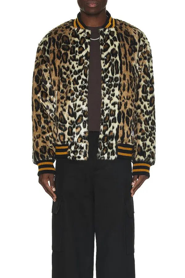 Wacko Maria Fur Leopard Varsity Jacket In Beige - 71% Off