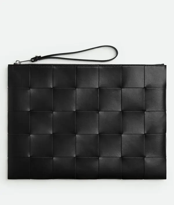 BOTTEGA  VENETA Large Intreccio Leather Wristlet Pouch - Black
