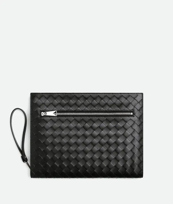 Bottega Veneta Intrecciato Leather Document Case With Wristlet - Black