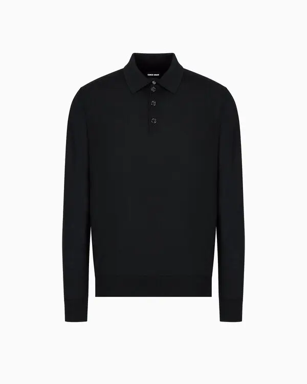 Giorgio Armani Long-sleeved Polo Shirt In Virgin Wool - Black