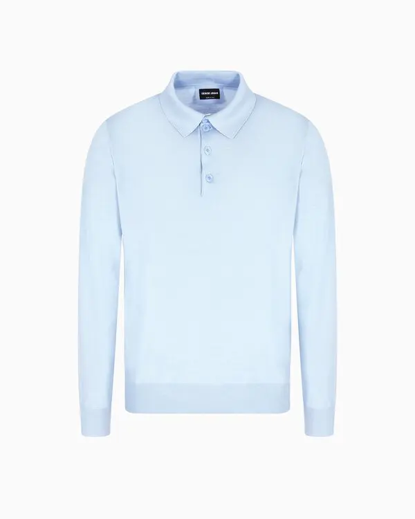 Giorgio Armani Long-sleeved Polo Shirt In Virgin Wool - Light Blue