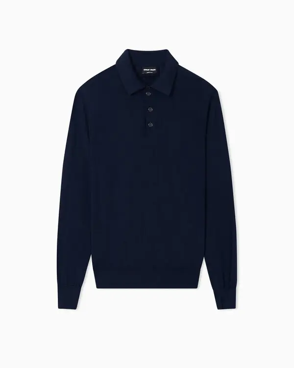 Giorgio Armani Long-sleeved Polo Shirt In Virgin Wool - Navy Blue