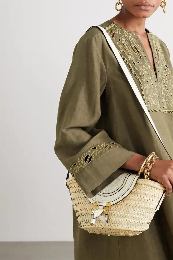 Chloé Marcie Leather-trimmed Raffia Shoulder Bag