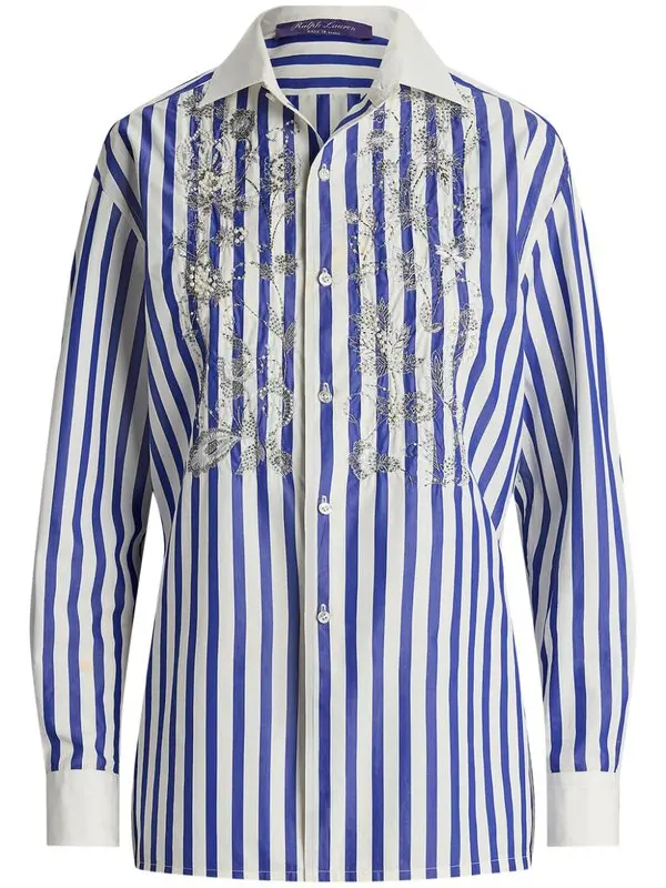 Ralph Lauren Embellished Striped Cotton Capri Shirt - Blue