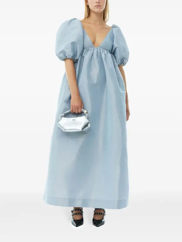 Ganni Puff-Sleeve Taffeta Maxi Dress - Blue | Editorialist