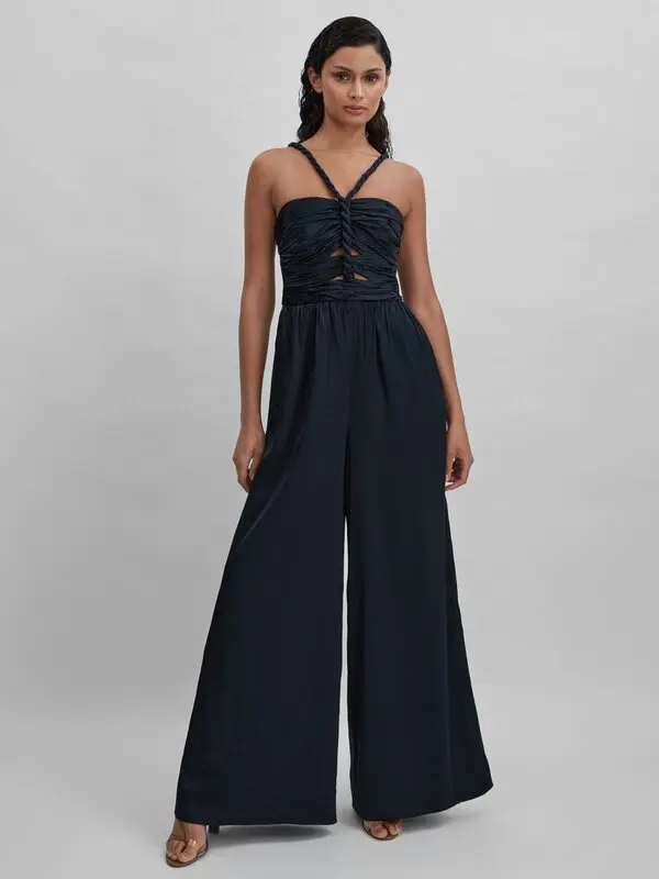 AMUR Ruche Detail Wide Leg Jumpsuit - Navy