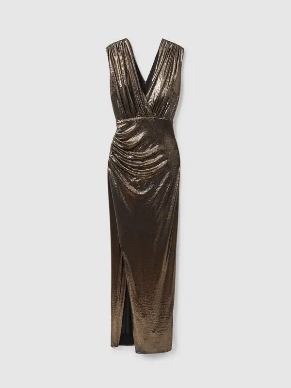 Halston Metallic Ruched Misha Maxi Dress In Gold - 66% Off | Editorialist