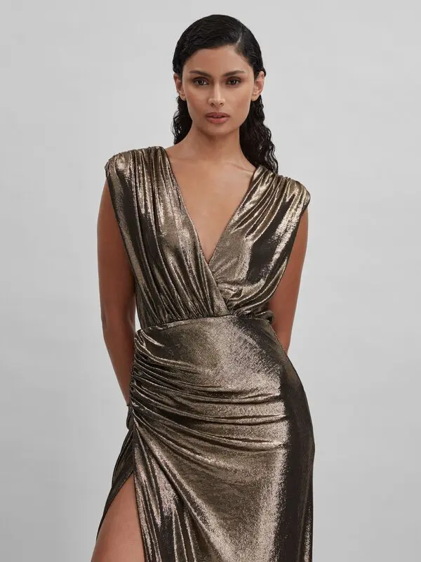 lady in the gold dress painting Gold Ruched Long Sleeve Metallic Dress – ARTEMIS THE BOUTIQUE main image 1