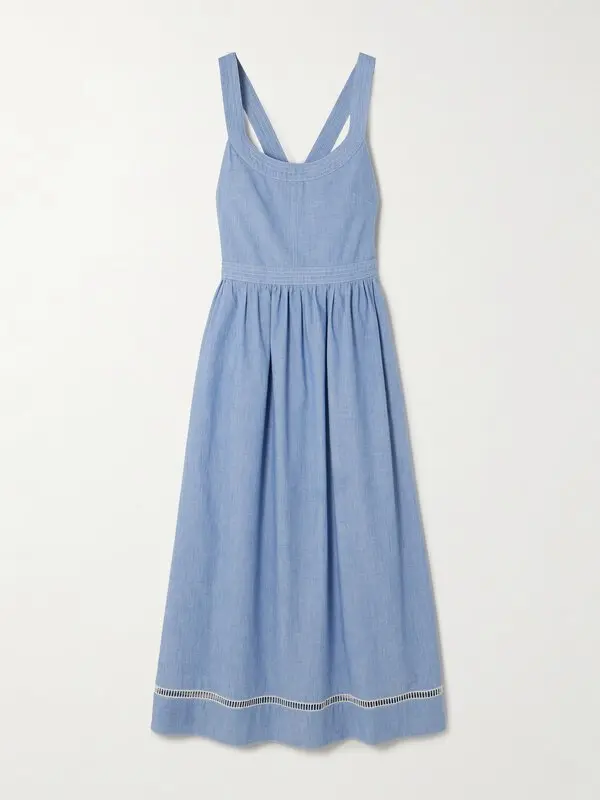 knee length dresses for ladies Stretch Denim Midi Balloon Dress in Blue