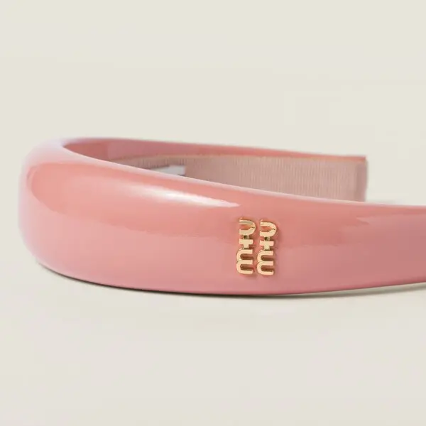 Pink Patent Leather Headband with Gold Logo Miu Miu // Pink & Gold Patent Leather Headband – VSP Consignment main image 3
