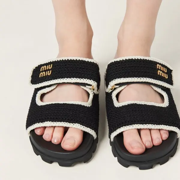 Miu Miu Crochet Knit Slides - Black/Ivory | Editorialist