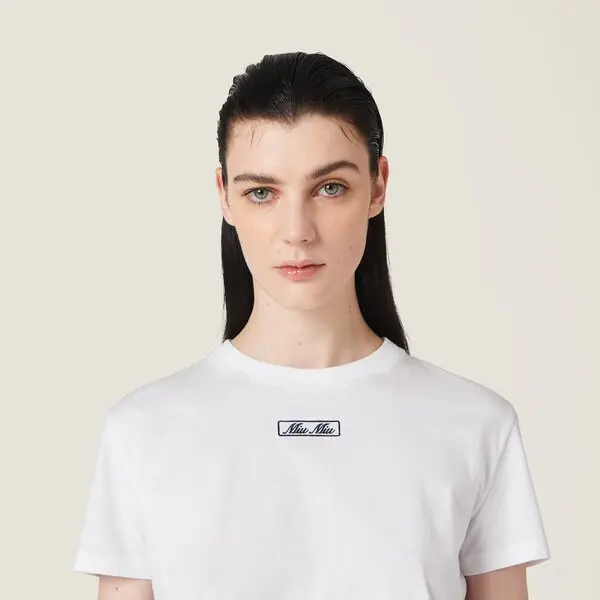 Miu Miu Embroidered Cotton Jersey T-Shirt In White | Editorialist