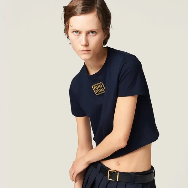 Miu Miu Cotton Jersey T-Shirt - Navy | Editorialist