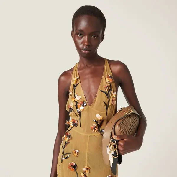 Miu Miu Chiffon Dress With Floral Embroidery - Mustard | Editorialist