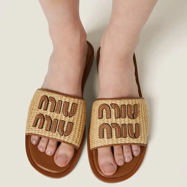 Miu Miu Raffia-Effect Slides - Natural | Editorialist