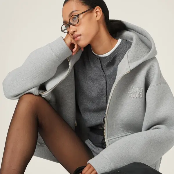 Miu Miu Embroidered Cotton Hoodie - Grey | Editorialist