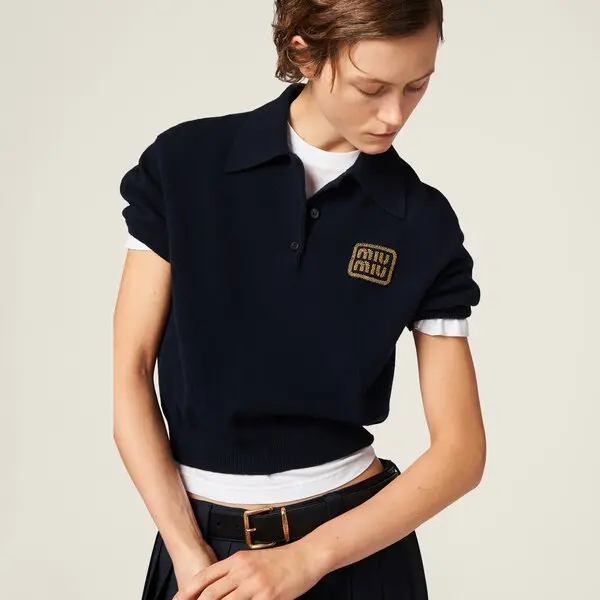Miu Miu Cashmere Knit Polo Shirt - Navy | Editorialist