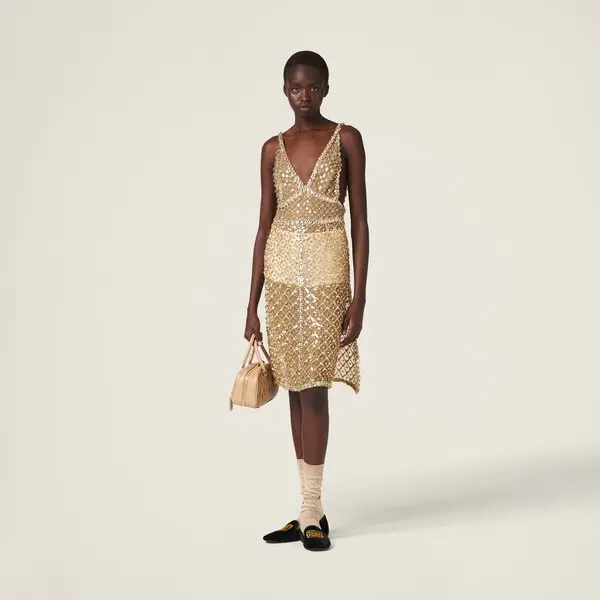 Miu Miu Embroidered Organza Dress - Sand Beige | Editorialist
