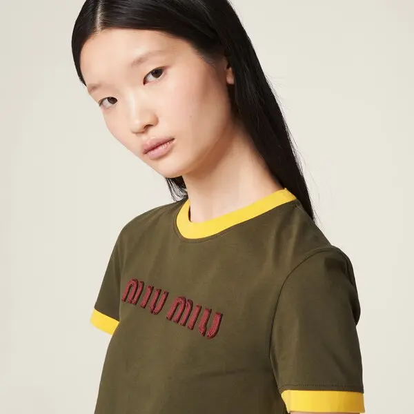 Miu Miu Embroidered Cotton Jersey T-Shirt - Camouflage/Yellow