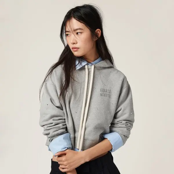 Miu Miu Cotton Fleece Cropped Hoodie - Grey | Editorialist