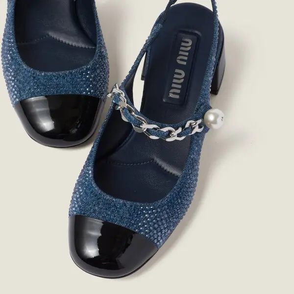 Miu Miu Denim And Patent Leather Slingback Pumps With Artificial