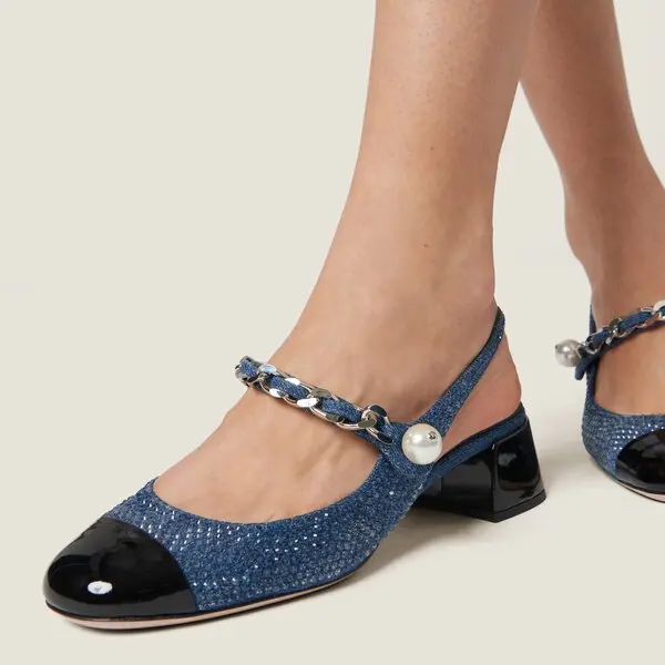 Miu Miu Denim And Patent Leather Slingback Pumps With Artificial