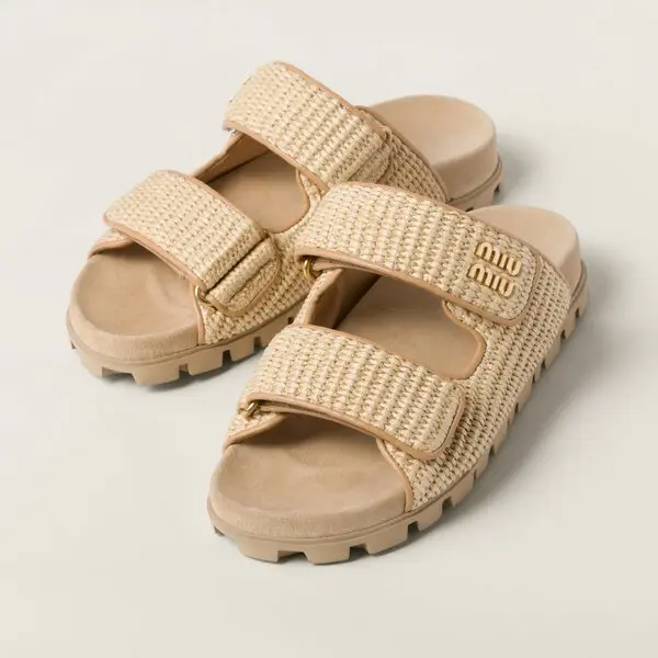 Miu Miu Raffia-Effect Woven Fabric Slides - Natural | Editorialist