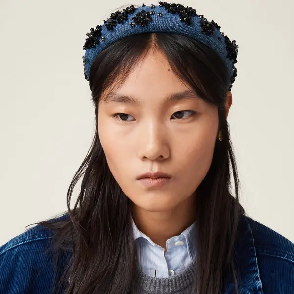 miu miu ネイビー ヘアバンド Miu Miu Denim Headband - Blue/Black | Editorialist