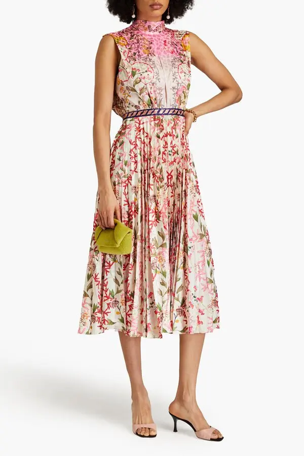 Saloni Fleur Pleated Printed Satin-Jacquard Midi Dress In Multicolor - 50%  Off | Editorialist