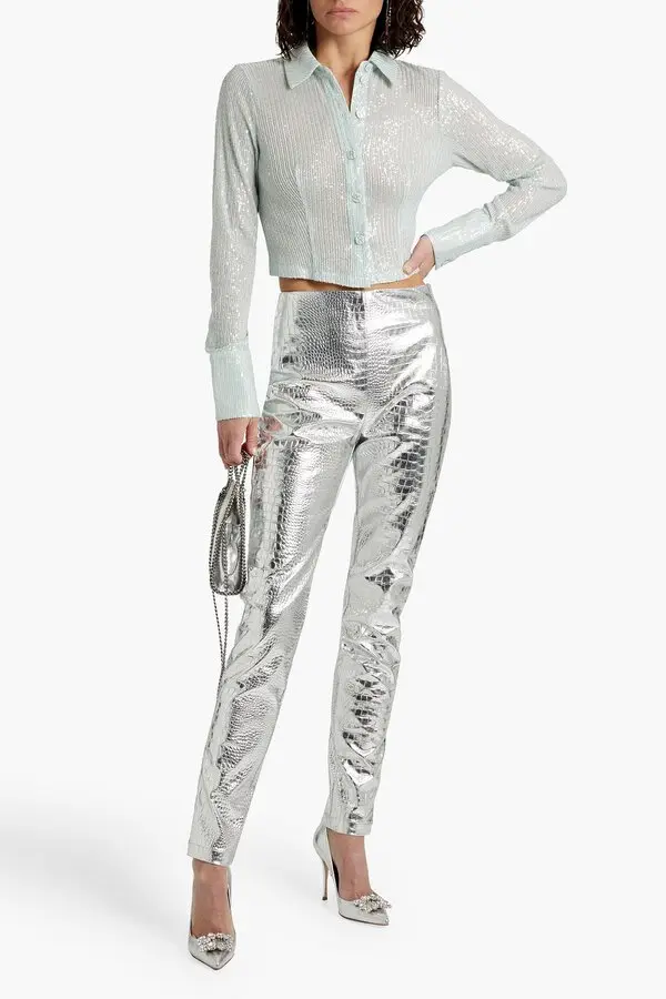 ROTATE BY BIRGER CHRISTENSEN Metallic Croc-effect Slim-leg Pants