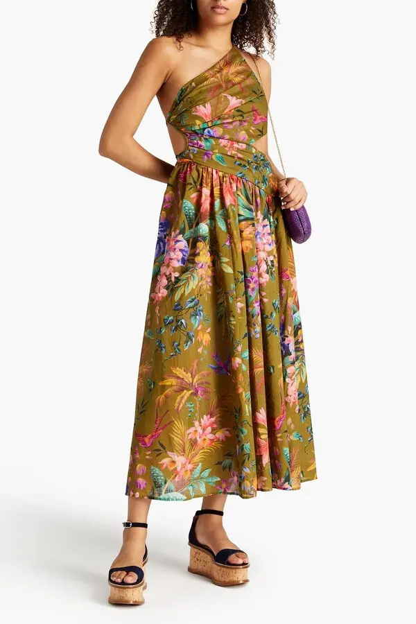 open lace back dress Zimmermann Tama Asymmetric One-Shoulder Dress Multicolor Poster Print   Celebrity Owned