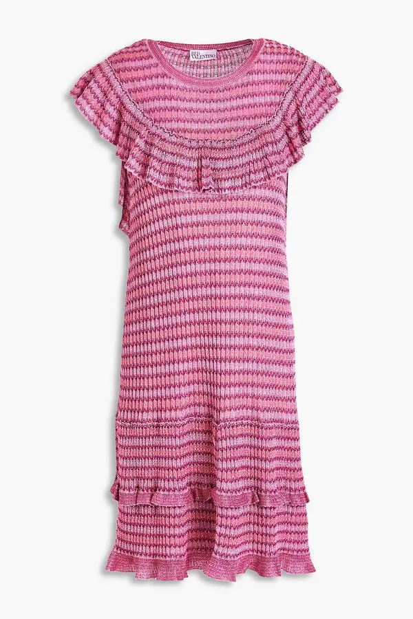 Red Valentino Ruffled Striped Ribbed-knit Mini Dress
