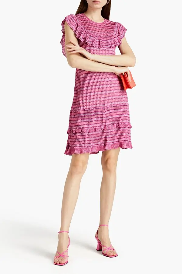 Red Valentino Ruffled Striped Ribbed-knit Mini Dress