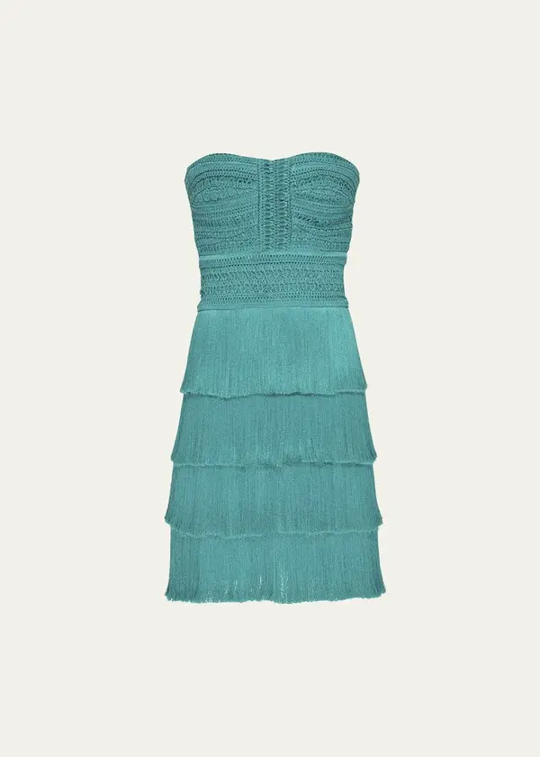 Patbo Jacquard Fitted Strapless Crochet Fringe Mini Dress - Emerald |  Editorialist
