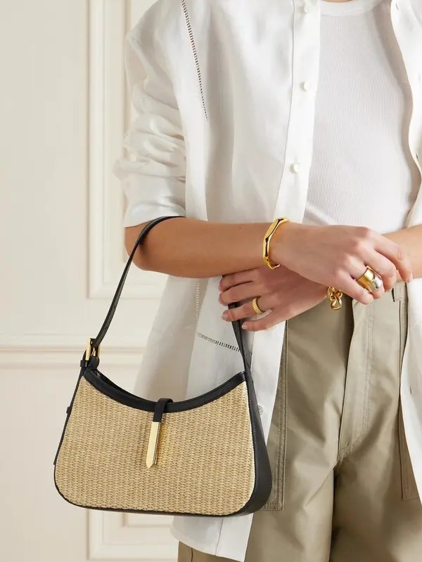 DEMELLIER Tokyo Leather-trimmed Raffia Shoulder Bag