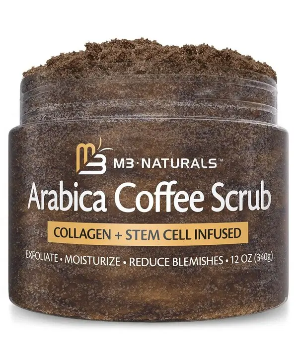 M3 NATURALS Arabica Coffee Body Scrub With Collagen & Stem Cell Exfoliating Body Scrubber & Face Cleanser 12 Oz - Coffee Brown