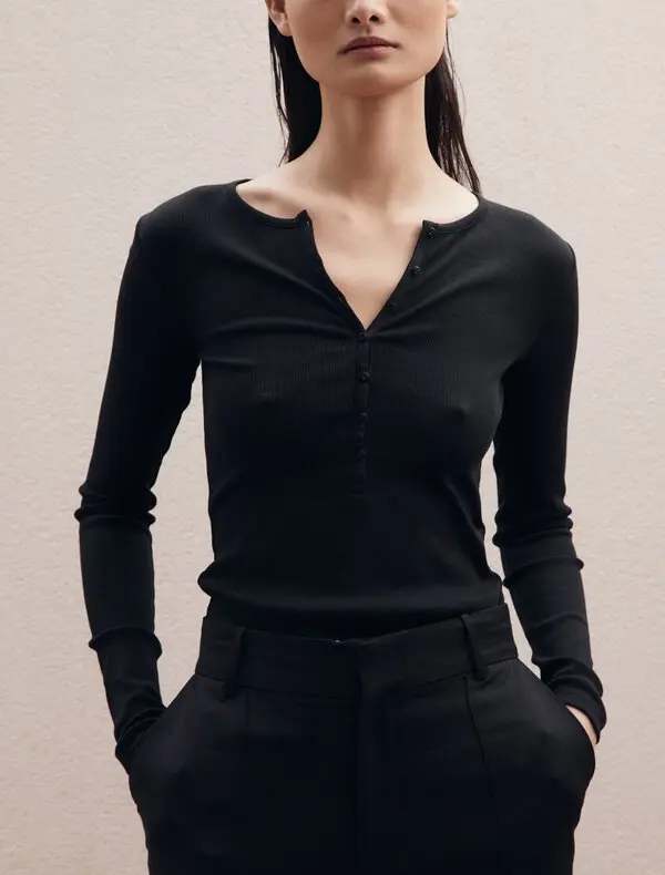 NINETY PERCENT Classic Ribbed Henley Top - Black