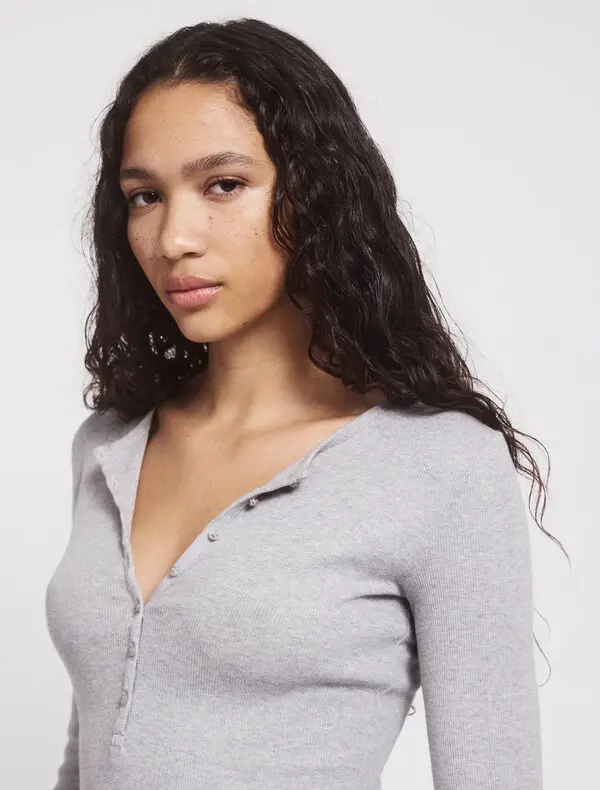 NINETY PERCENT Ribbed Henley Top - Grey Marl