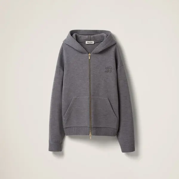 Miu Miu Wool And Nylon Knit Hoodie - Grey | Editorialist