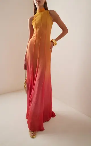strapless open back dress Red Strapless Ombré Chiffon Gown with Feather Brooch – Runway Catalog main image 0