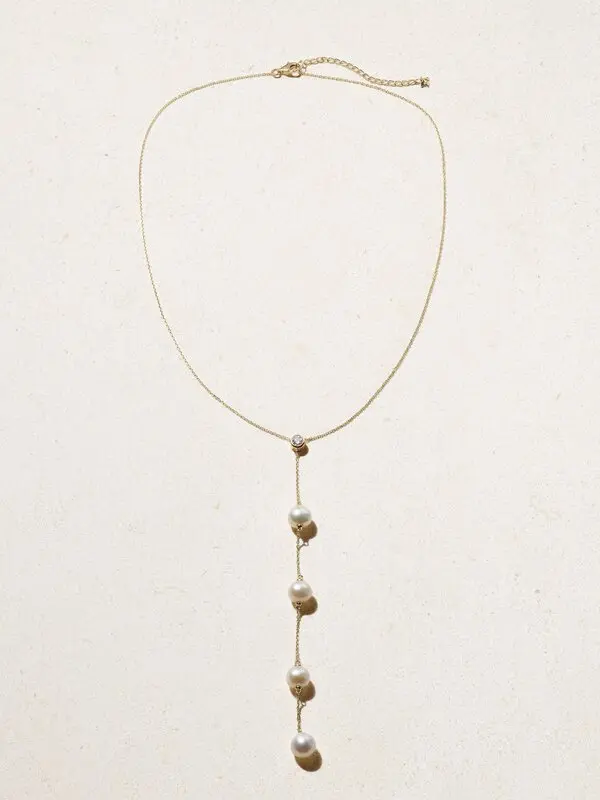 Mateo Drizzle 14-karat Diamond And Pearl Lariat Necklace - Gold